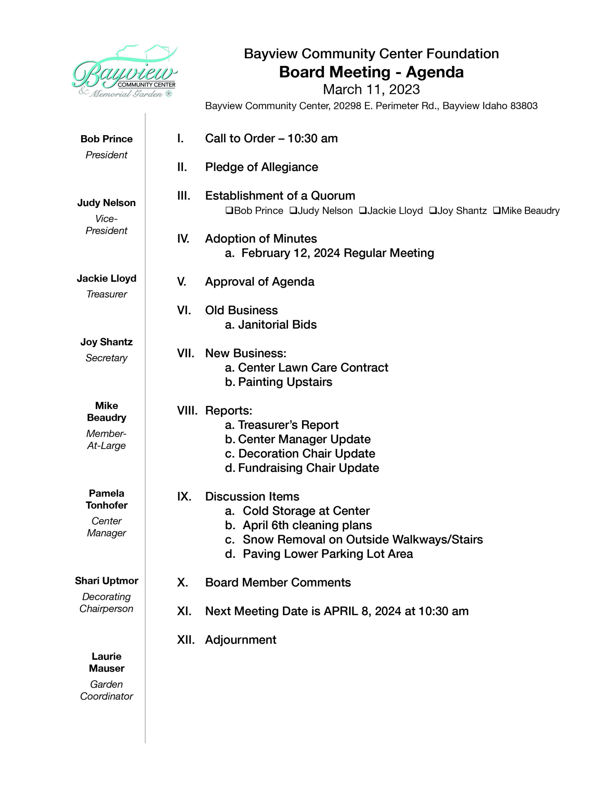 Board Meeting March 11 2024 Bayview Community Center